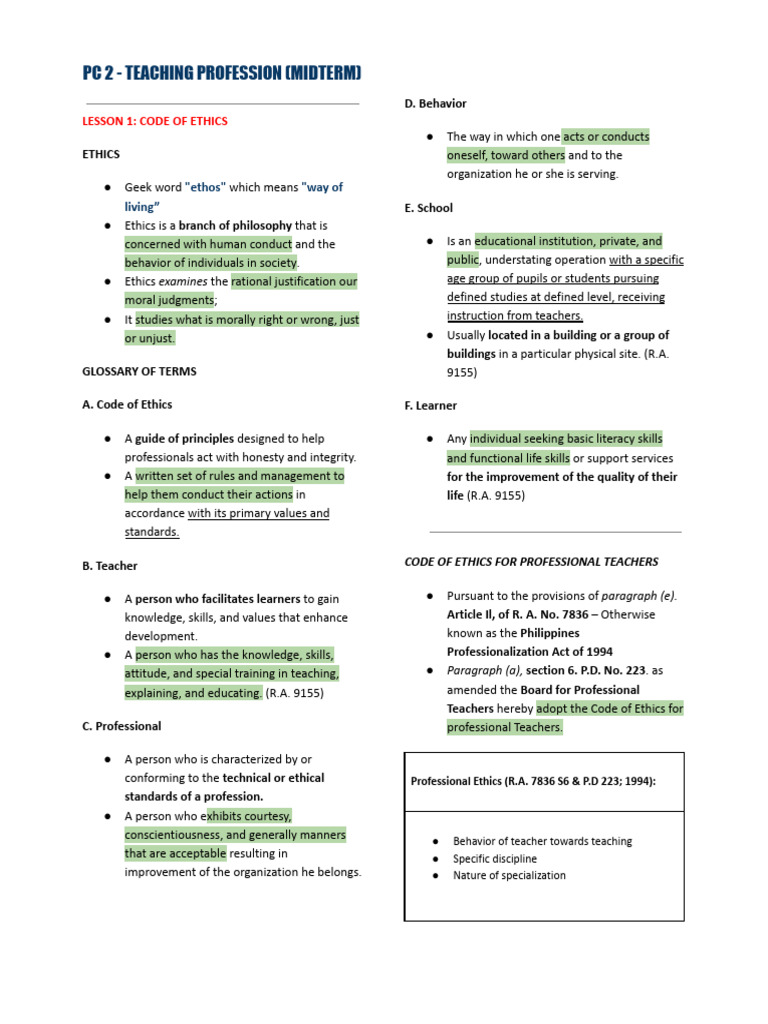 Code of Ethics for Teachers in the Philippines | PDF | Teachers | Lesson Plan