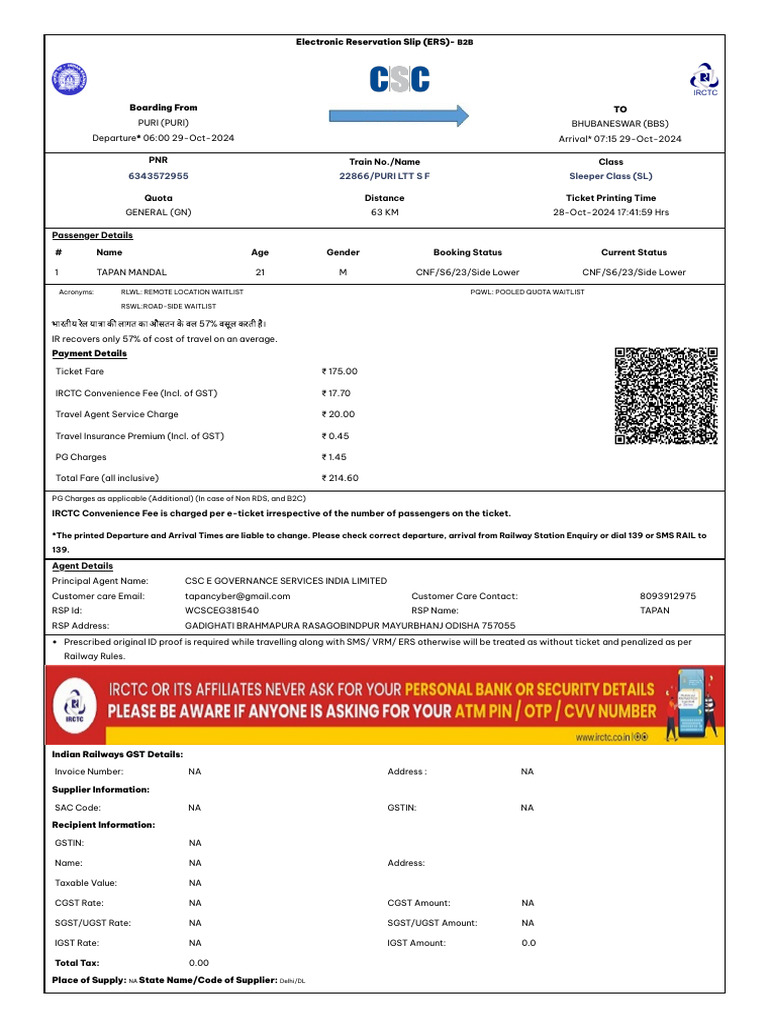 CSC E-Governance Service India Limited - Ticket Details | PDF ...