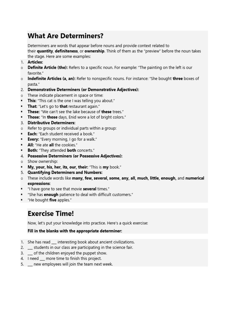 Determiners class 9 | PDF | Syntactic Relationships | Semantics