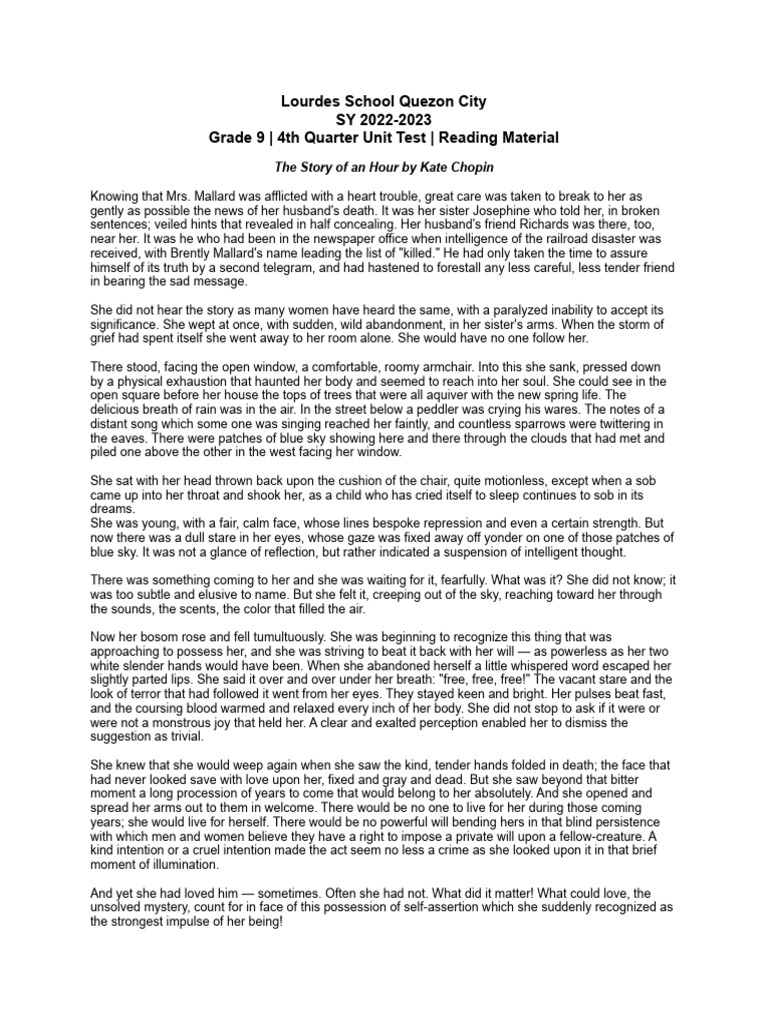 Grade 9 Reading: The Story of an Hour | PDF