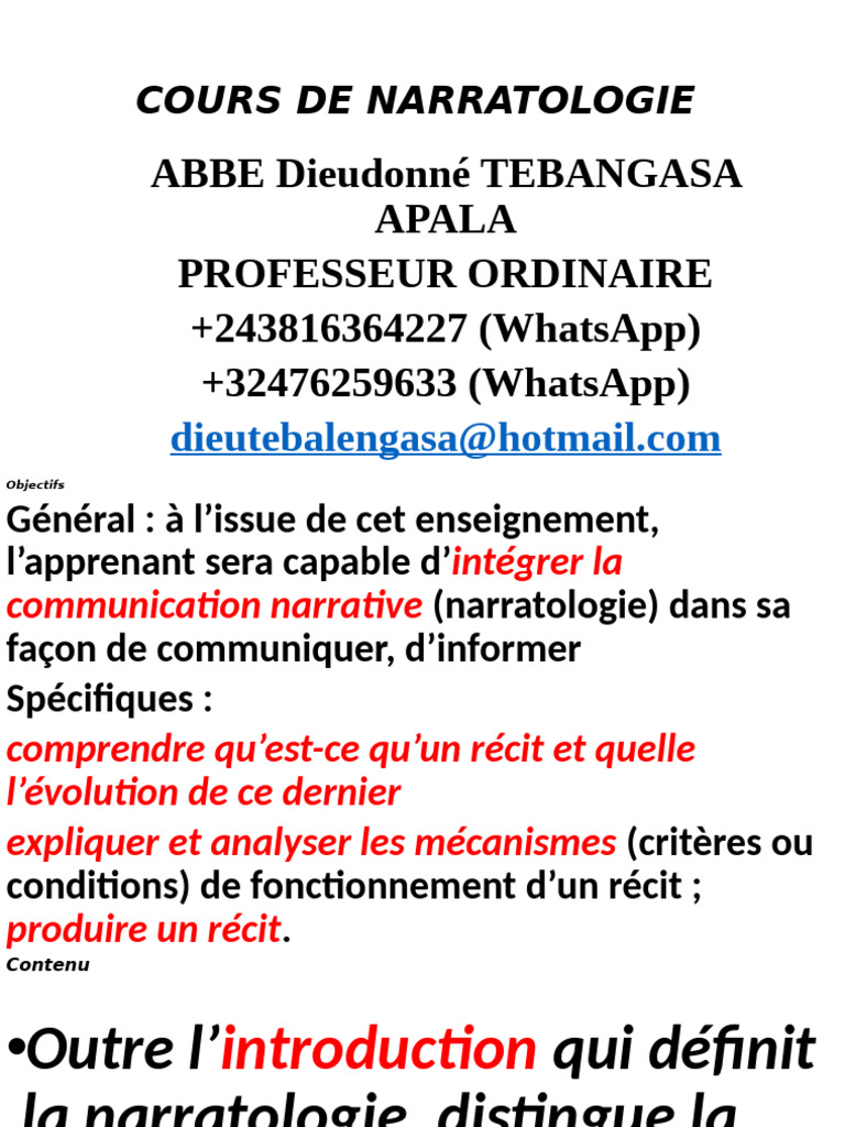Cours Narratologie L1 LMD FCS Ucc 2024 2025 Version Du 30 Octobre 2024 ...