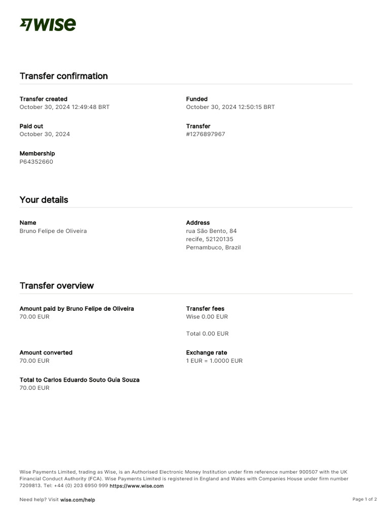 Wise Transaction Invoice Transfer 1276897967 4179831497 PT | PDF ...