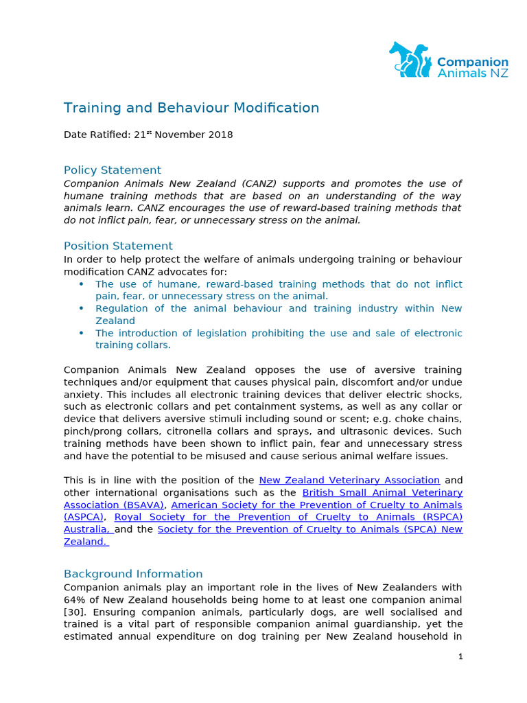 CANZ Position Statements - Training and Behaviour Modification 2021 ...