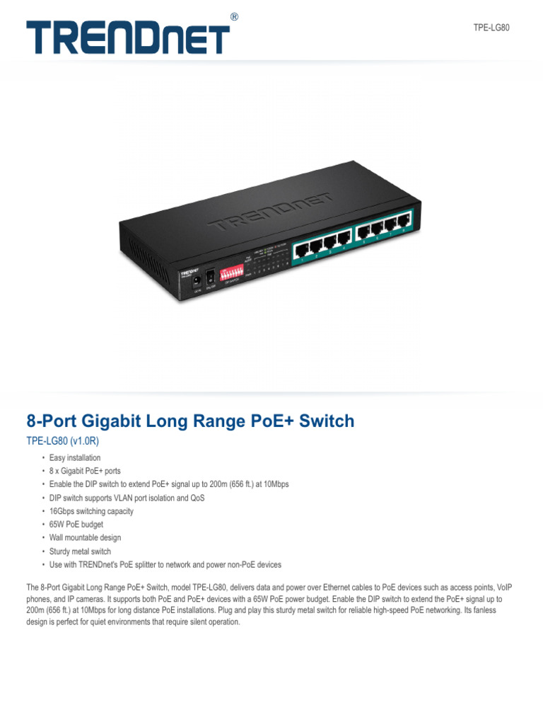 EN Datasheet TPE-LG80 (v1.0R) | PDF | Network Switch | Internet Protocols