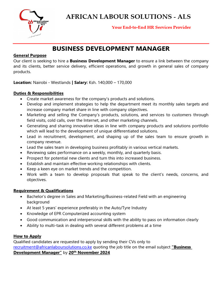 Business Development Manager - Job Advert - ALS | PDF