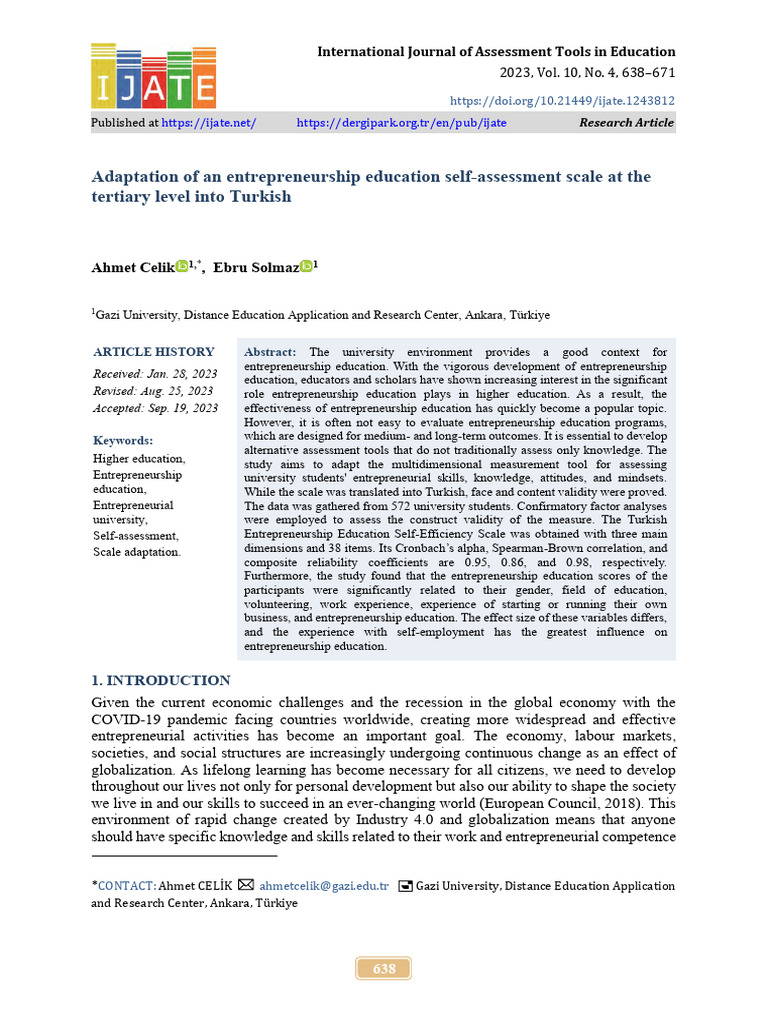 Adaptation of An Entrepreneurship Education Self-Assessment Scale at ...