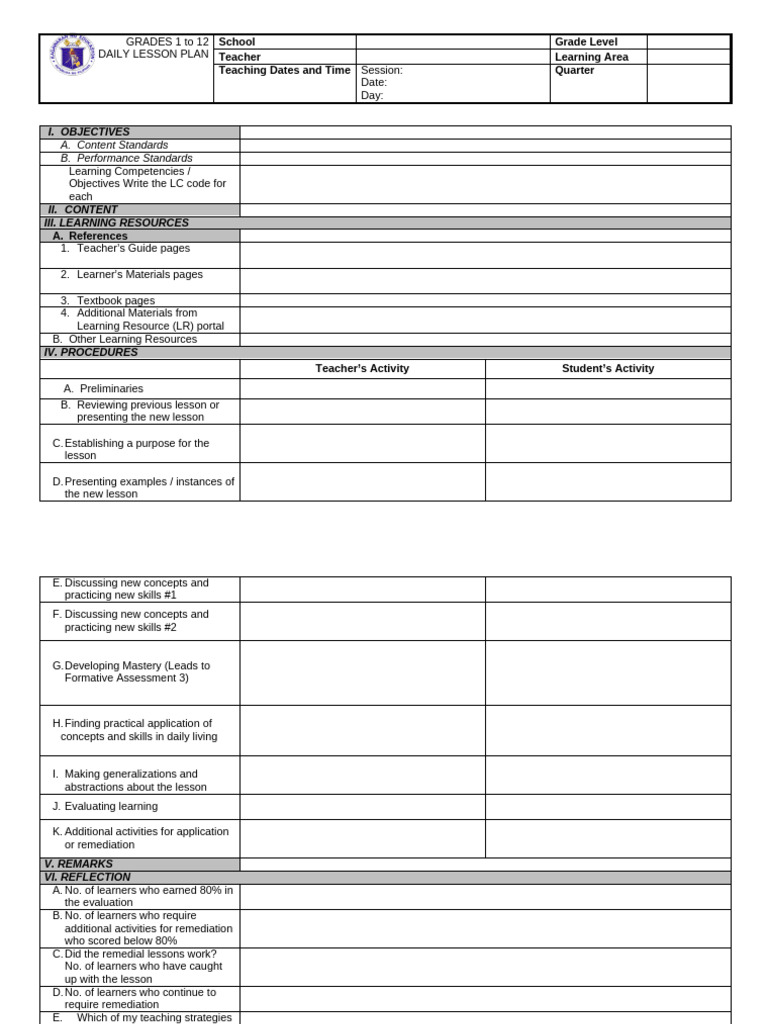 Daily Lesson Plan Template for Grades 1-12 | PDF | Teachers | Lesson Plan