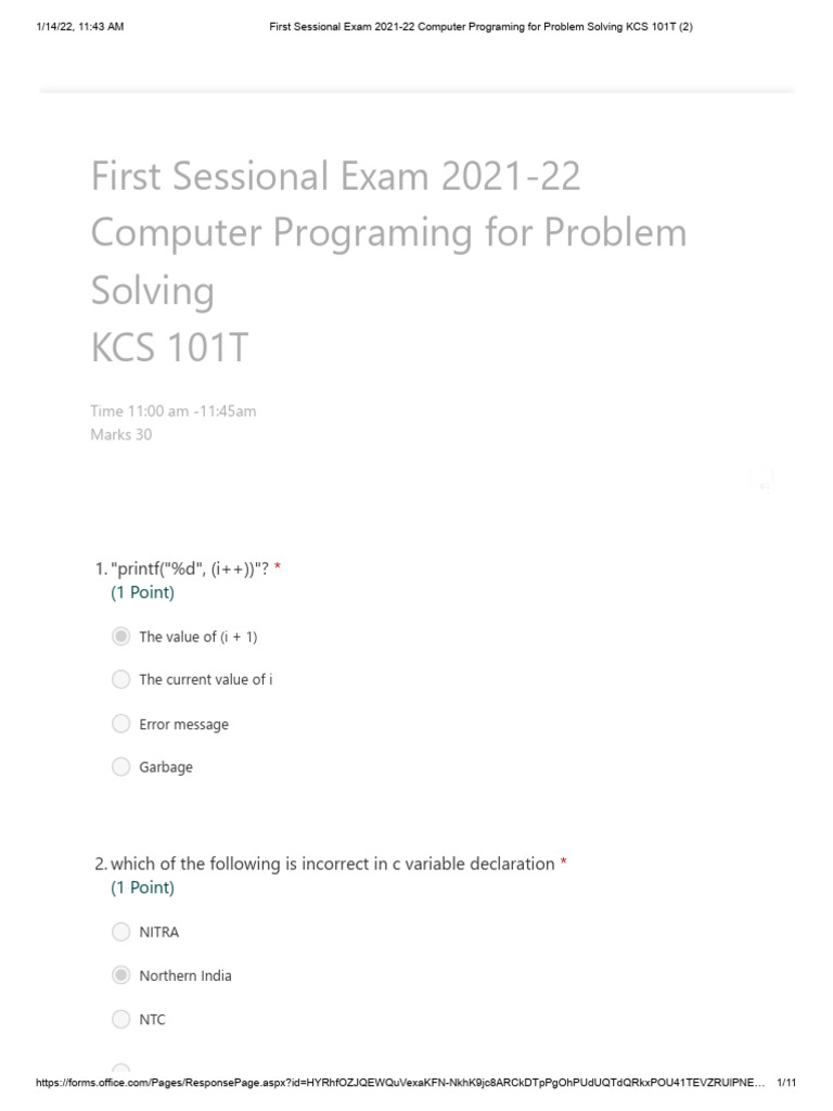 First Sessional Exam 2021-22 Computer Programing For Problem Solving KCS 101T | PDF | Integer ...