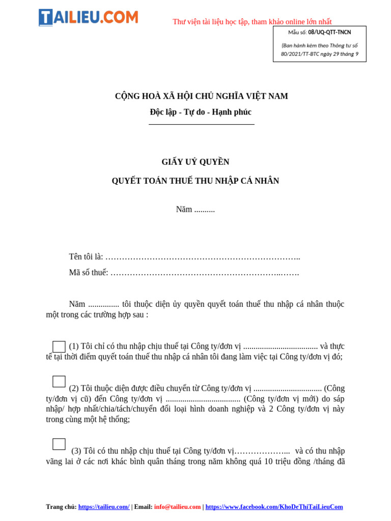 2022020912000162034a518233d - Mau Giay Uy Quyen Quyet Toan Thue TNCN 2022 | PDF