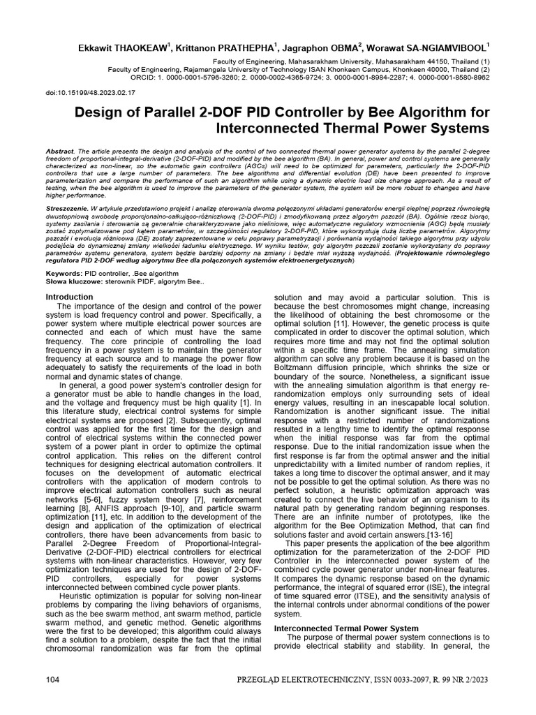 Design of Parallel 2-DOF PID Controller by Bee Algorithm For Interconnected Thermal Power ...