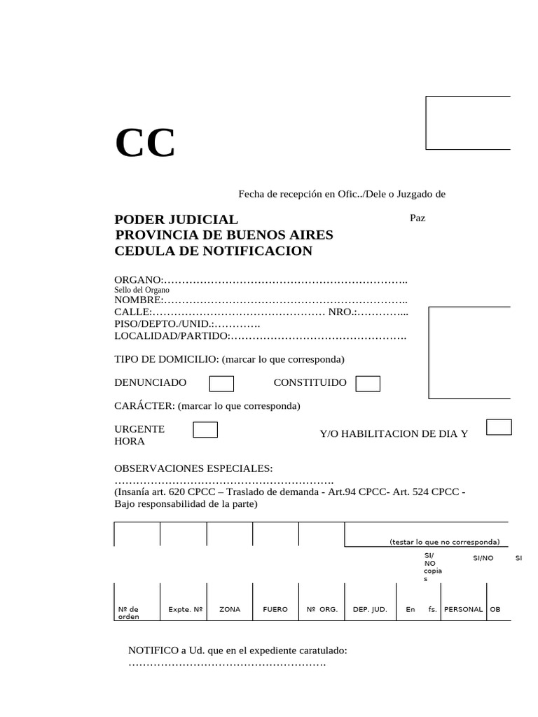 Formulario de Cedula de Notificacion Pba | PDF