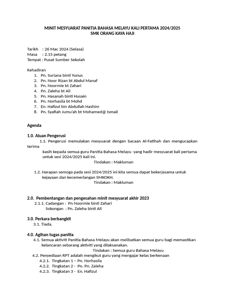 Minit Mesyuarat Panitia Bahasa Melayu Kali Pertama 2024 | PDF