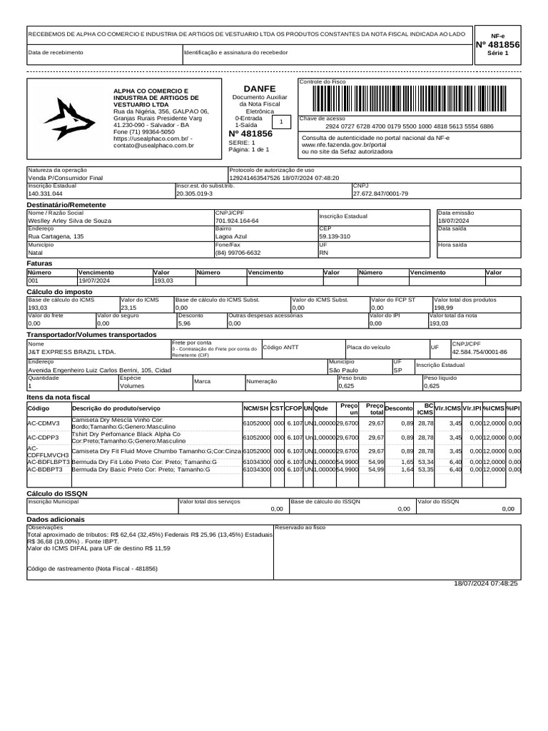 Nota Fiscal Alpha Co: Venda de Roupas | PDF | Recibo | Contabilidade