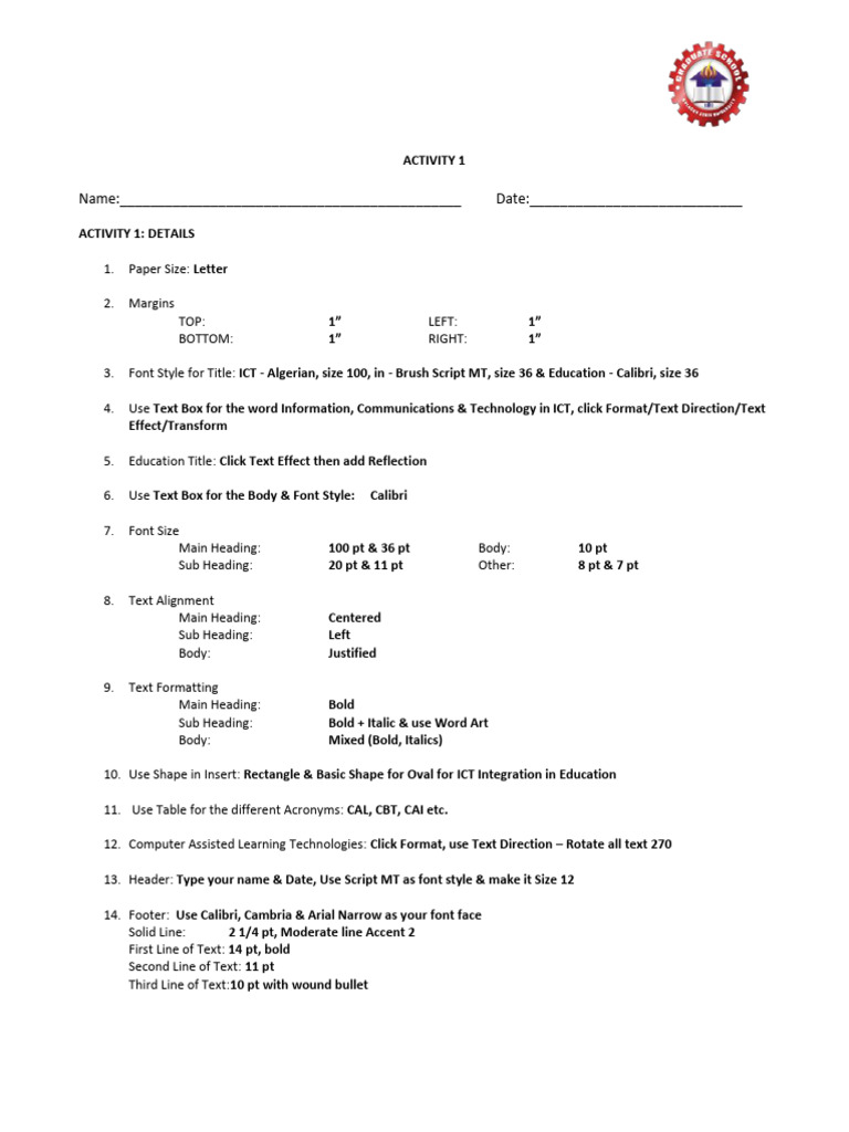 MS WORD Activity 1 Instruction | PDF
