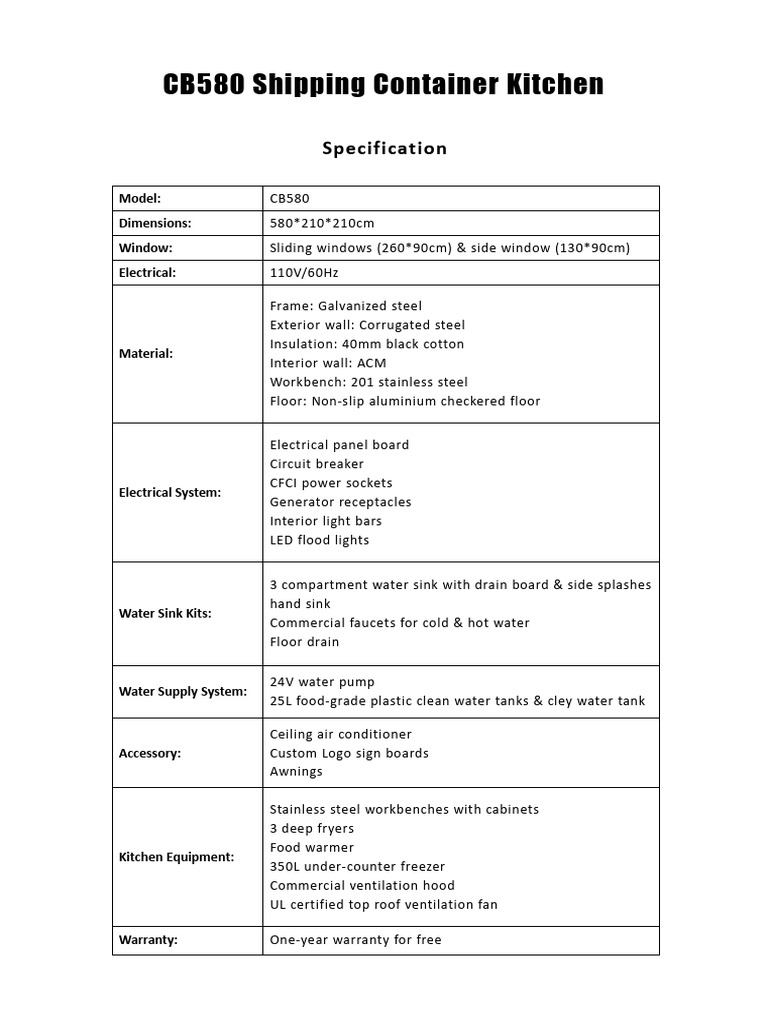 CB580 Shipping Container Kitchen Specification | PDF