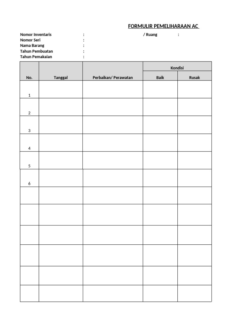 Formulir Pemeliharaan Ac | PDF | Teknologi & Rekayasa