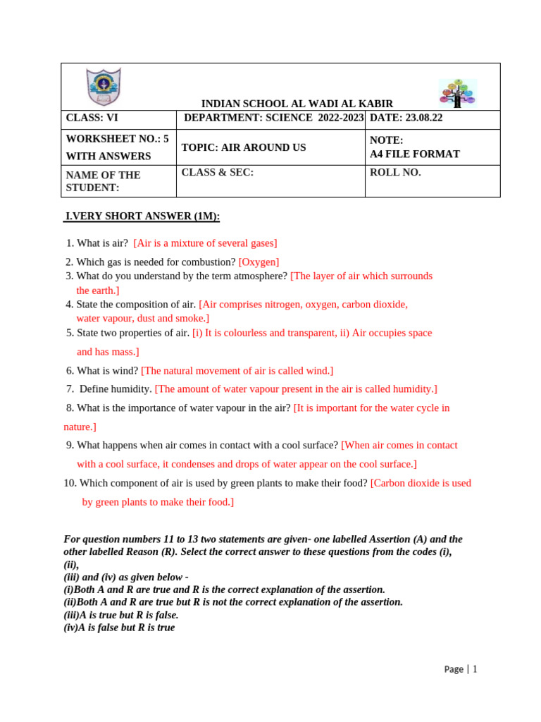 Class VI Science: Air Around Us Worksheet | PDF | Atmosphere Of Earth ...