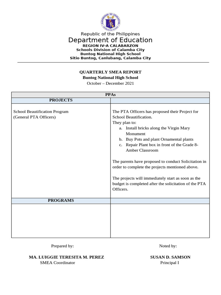 QUARTERLY SMEA REPORT (3rd) | PDF