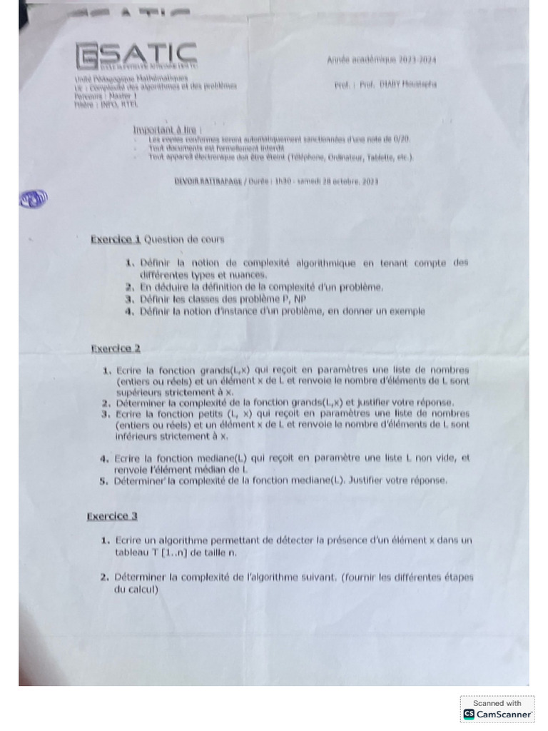 Sujet Complexité Des Algorithmes Et Des | PDF
