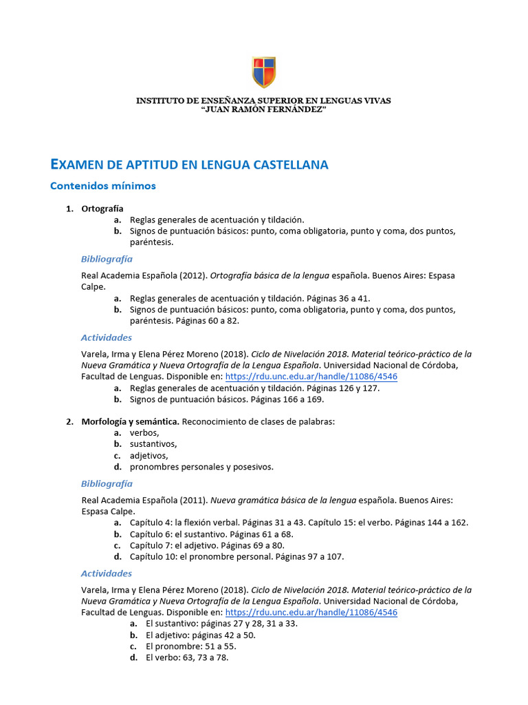 Contenidos Mínimos Examen de Español Ingreso 2023 | PDF | Asunto ...