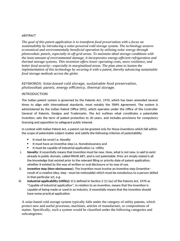 Solar-Powered Cold Storage Patent | PDF | Patent | Refrigeration