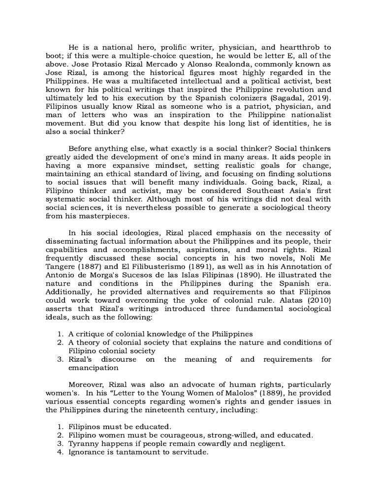 Jose Rizal: A Pioneer of Social Thought | PDF | Philippines | Liberal ...