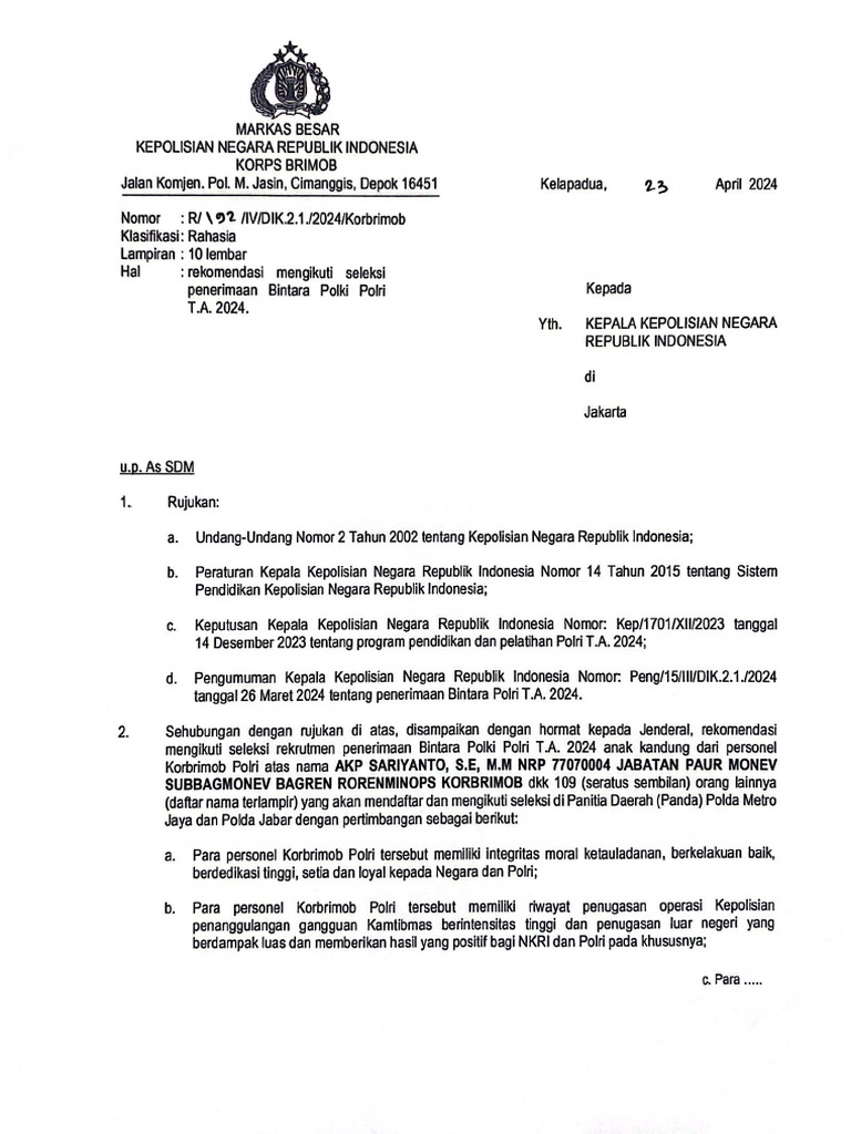 Rekomendasi Bintara Polri Anak AKP Sariy | PDF