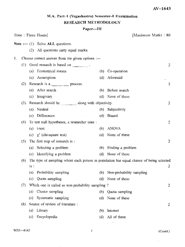 Ma 1 Sem Research Methodology p3 Winter 2018 | PDF | Sampling (Statistics) | Statistics