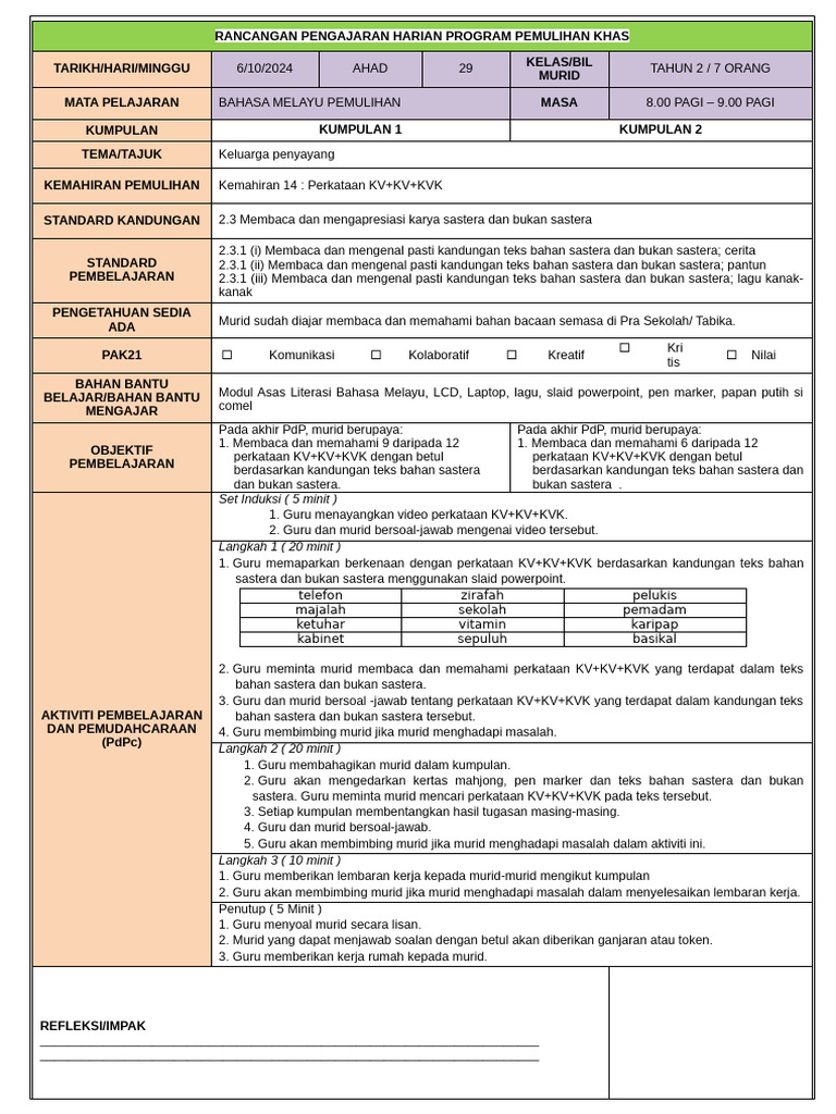 RPH Pemulihan Khas Bahasa Melayu | PDF