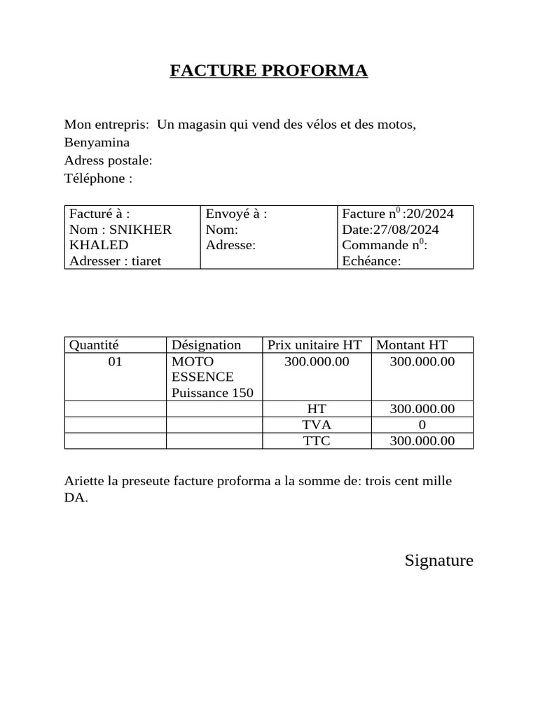 Facture Proforma MOTO 300.000 DA | PDF