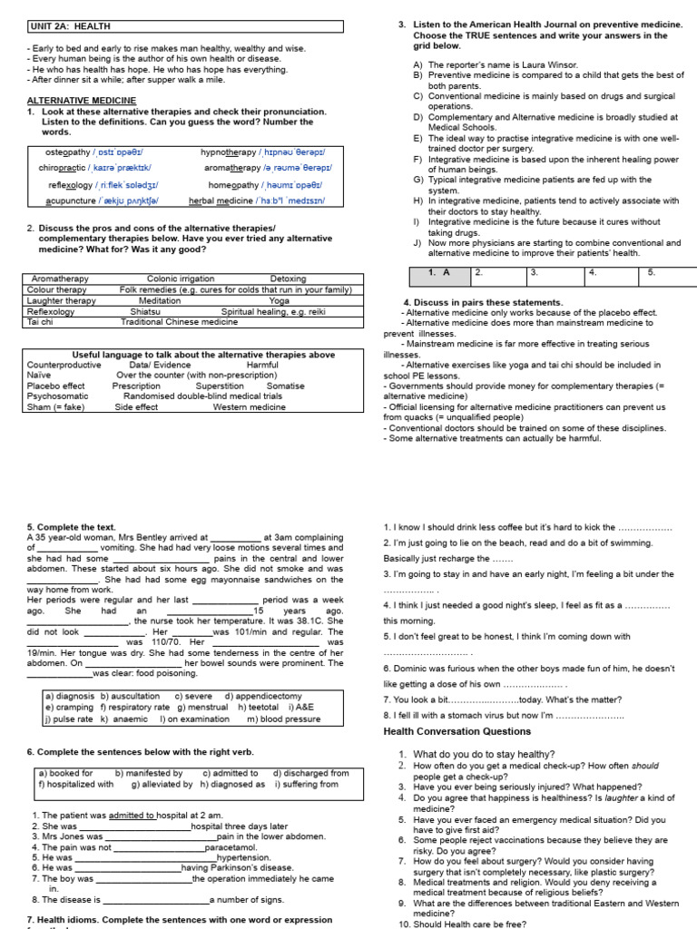 Unit 2A Health Worksheet Ss | PDF | Alternative Medicine | Physician