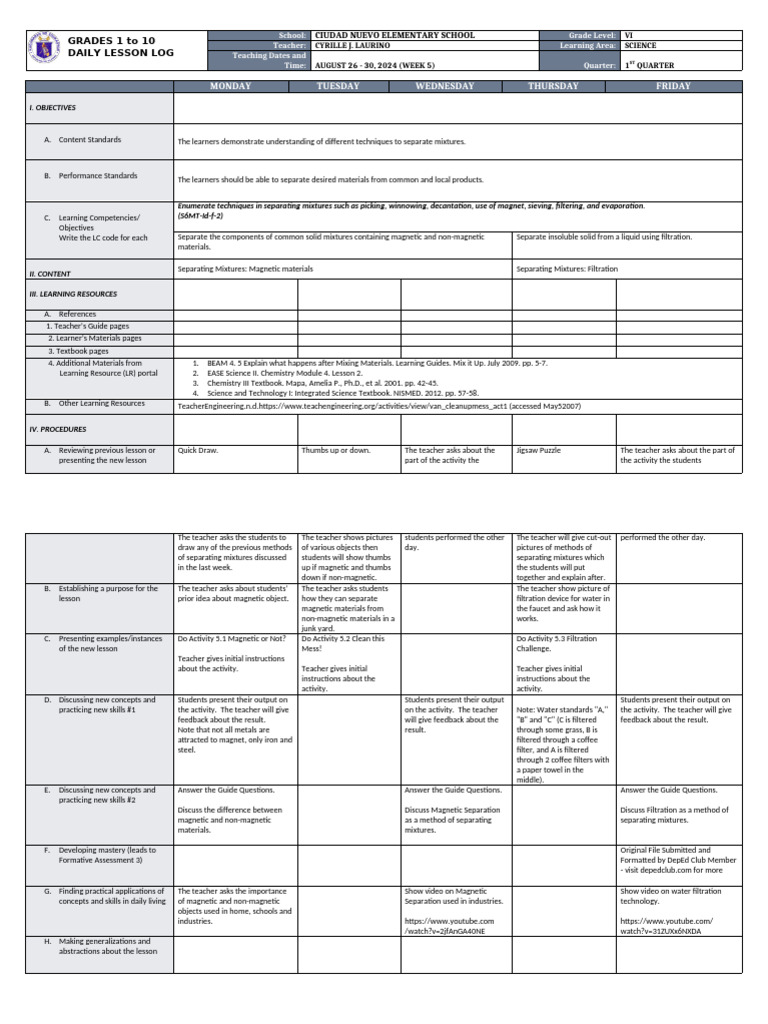 DLL - Science 6 - Q1 - W5 | PDF | Learning | Behavior Modification