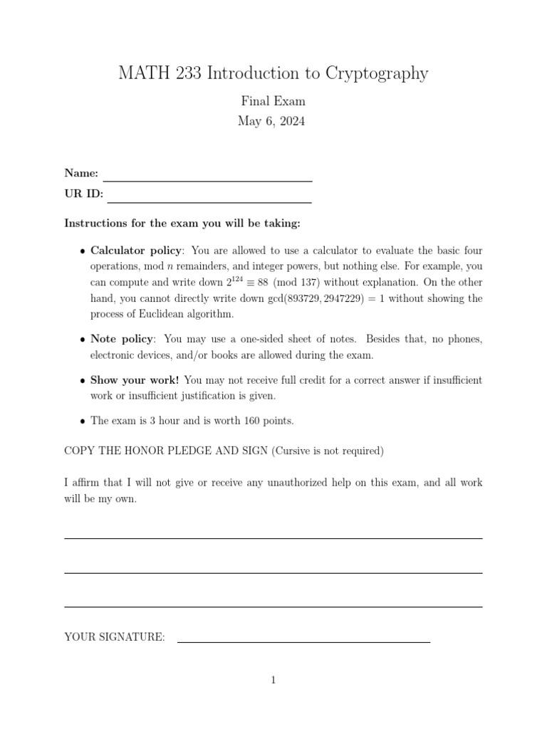 MATH 233 Cryptography Final Exam Guide | PDF | Security Engineering ...
