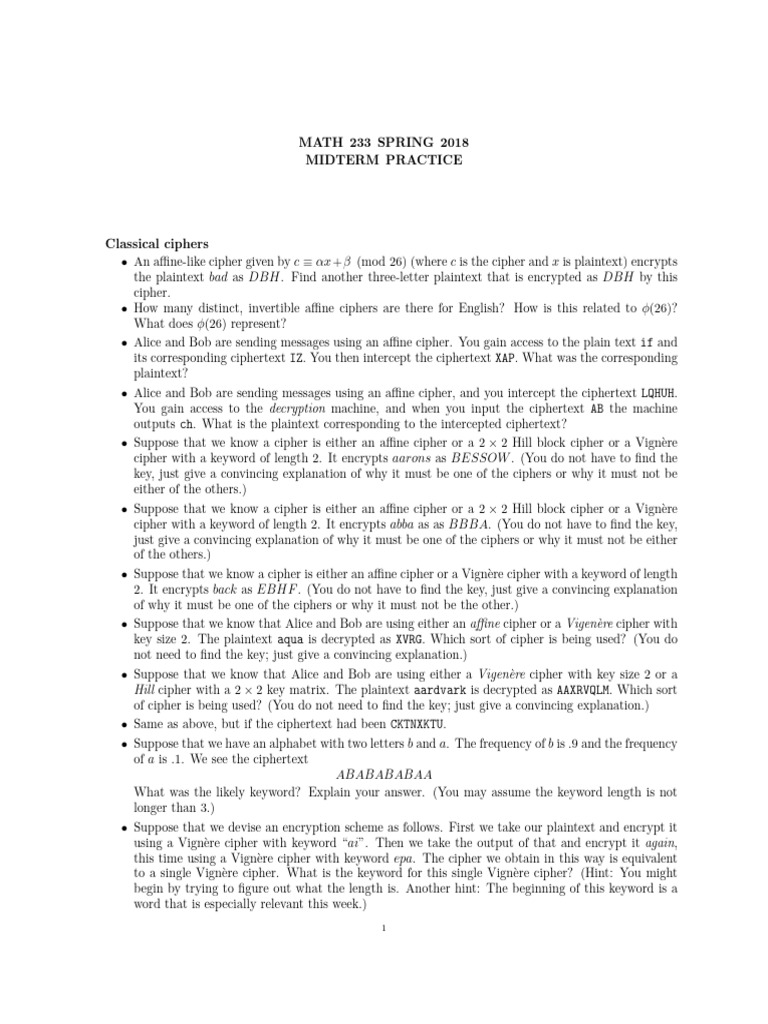 Affine and Vigenère Cipher Practice | PDF | Cipher | Cryptography