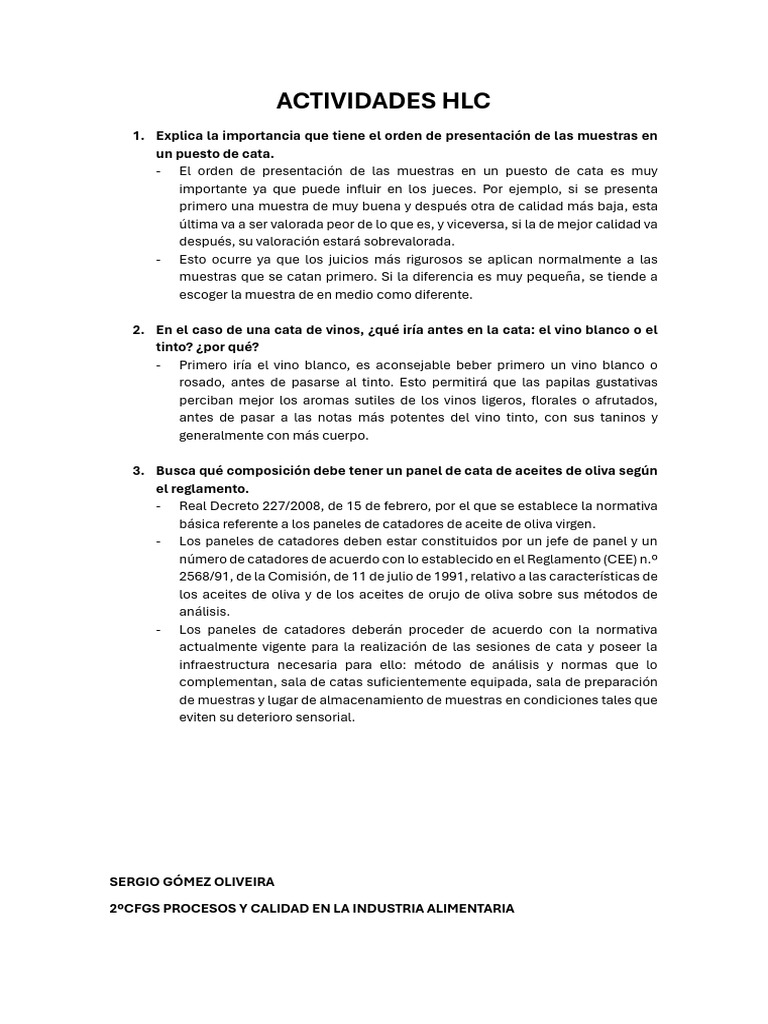 Actividades HLC | PDF | Cocina, comidas y vino