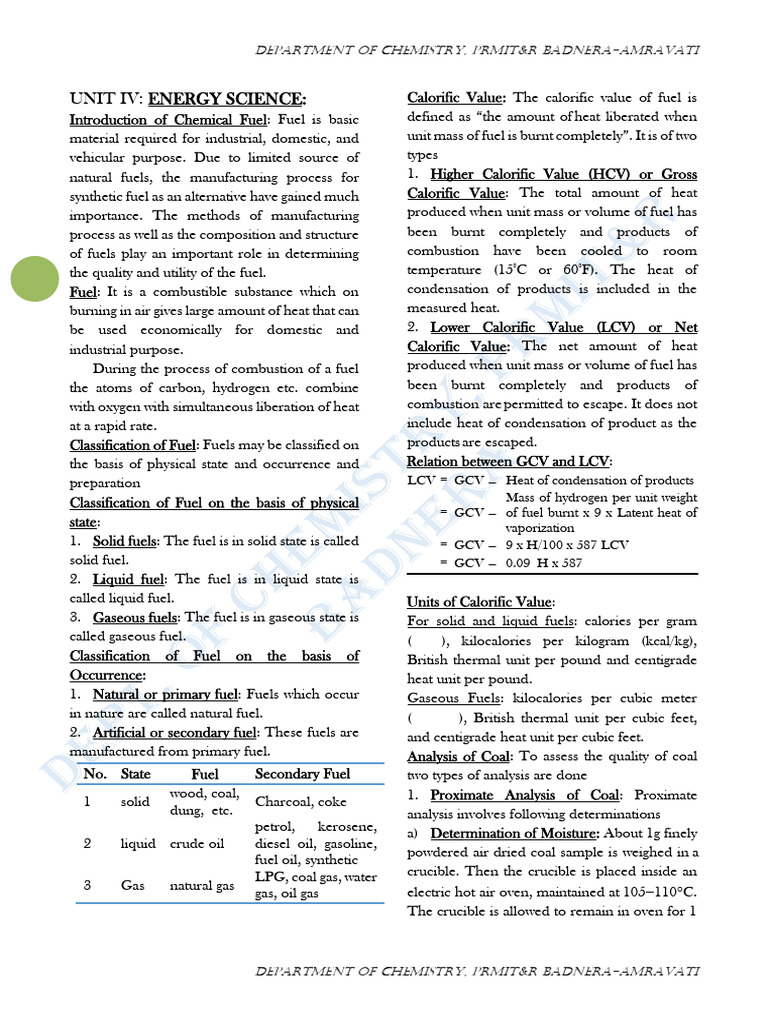 Energy Science Unit-IV Chemistry Dept Fybe | PDF | Combustion ...