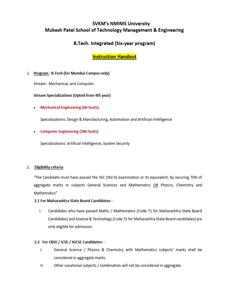 B Tech Integrated - Instruction Handout | PDF | University And College Admission
