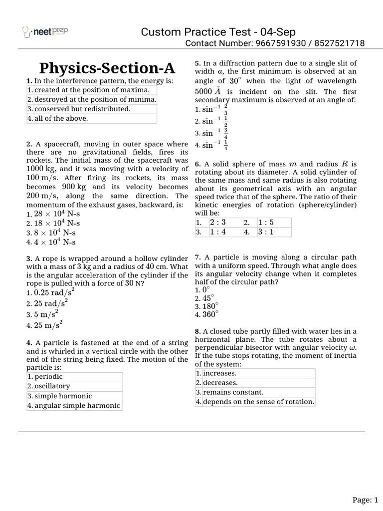 Custom Practice Test - 04-Sep | PDF | Diffraction | Wavelength