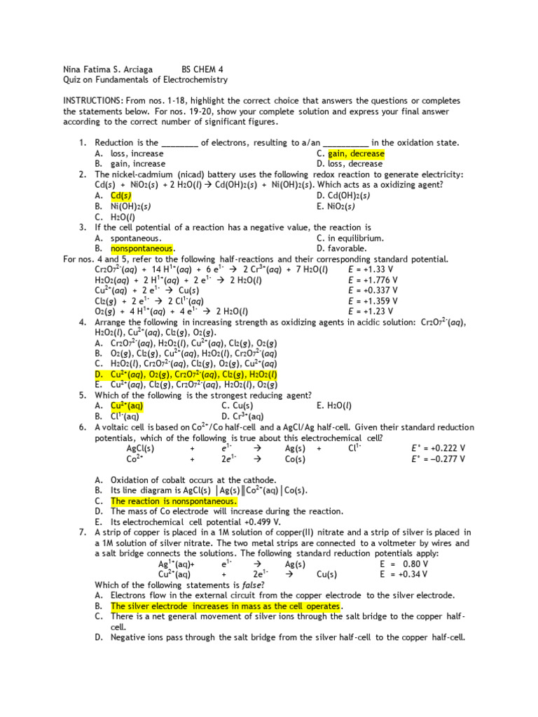 Arciaga-Diagnostic Exam-Electrochemistry | PDF | Redox | Electrochemistry