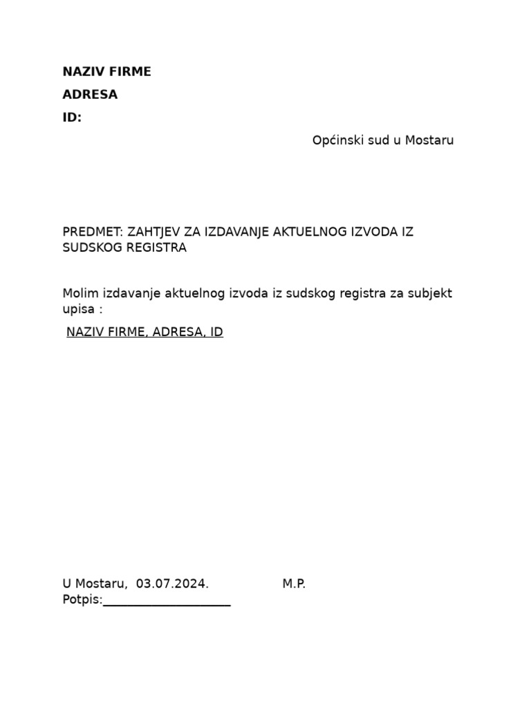 Primjer Zahtjeva Za Aktuelni Izvod | PDF