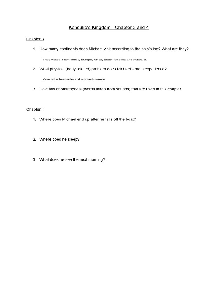 Kensuke S Kingdom - Chapter 3 and 4 Reading Comprehension | PDF | Travel