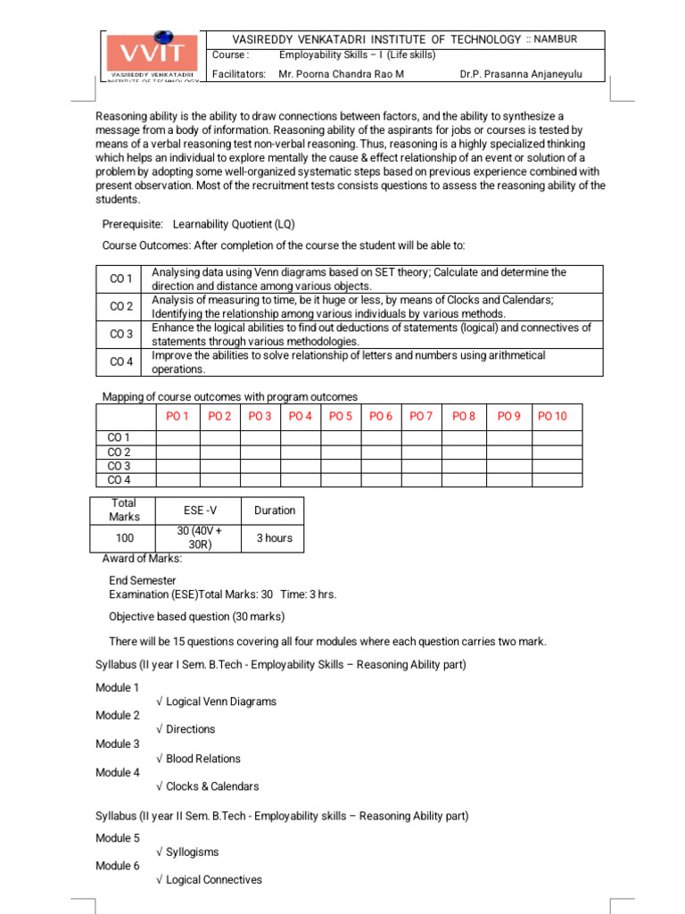Employability Skills: Reasoning Ability Course | PDF | Reason ...