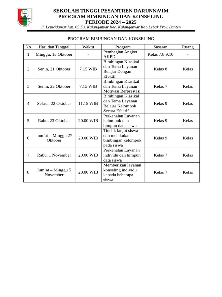 Jadwal Bimbingan dan Konseling 2024 | PDF