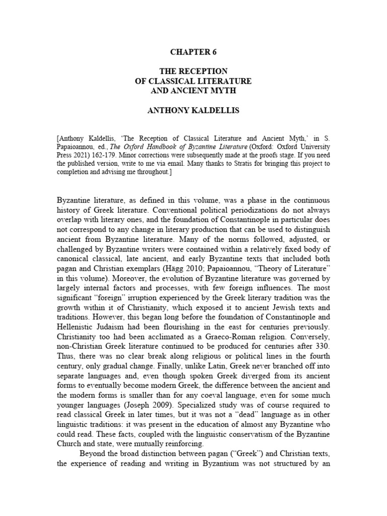 The Reception of Classical Literature A | PDF | Greeks | Byzantine Empire