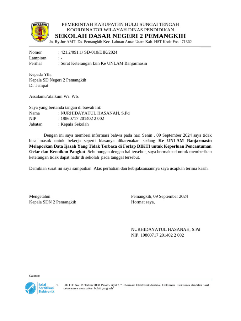 Surat Izin Absen Kerja SDN 2 Pemangkih | PDF