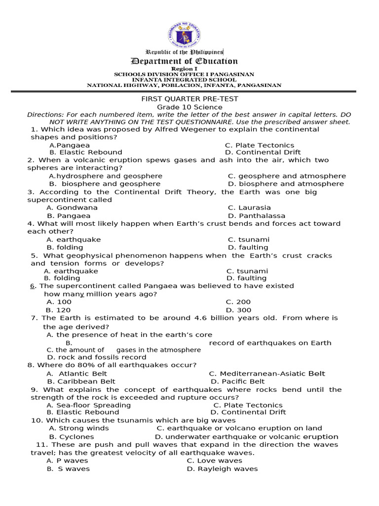 Science 10 Pretest 1 40 | PDF | Plate Tectonics | Earthquakes
