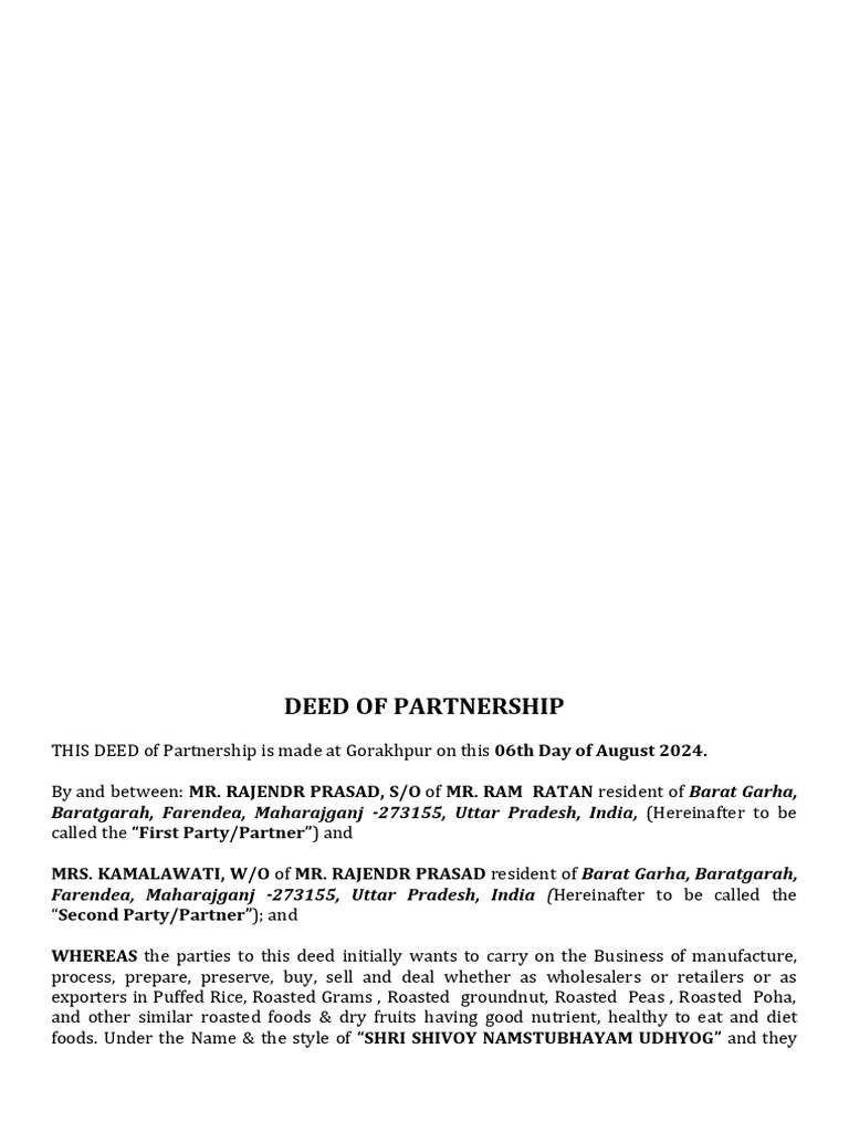 Partnership Deed - Draft | PDF | Partnership | Business