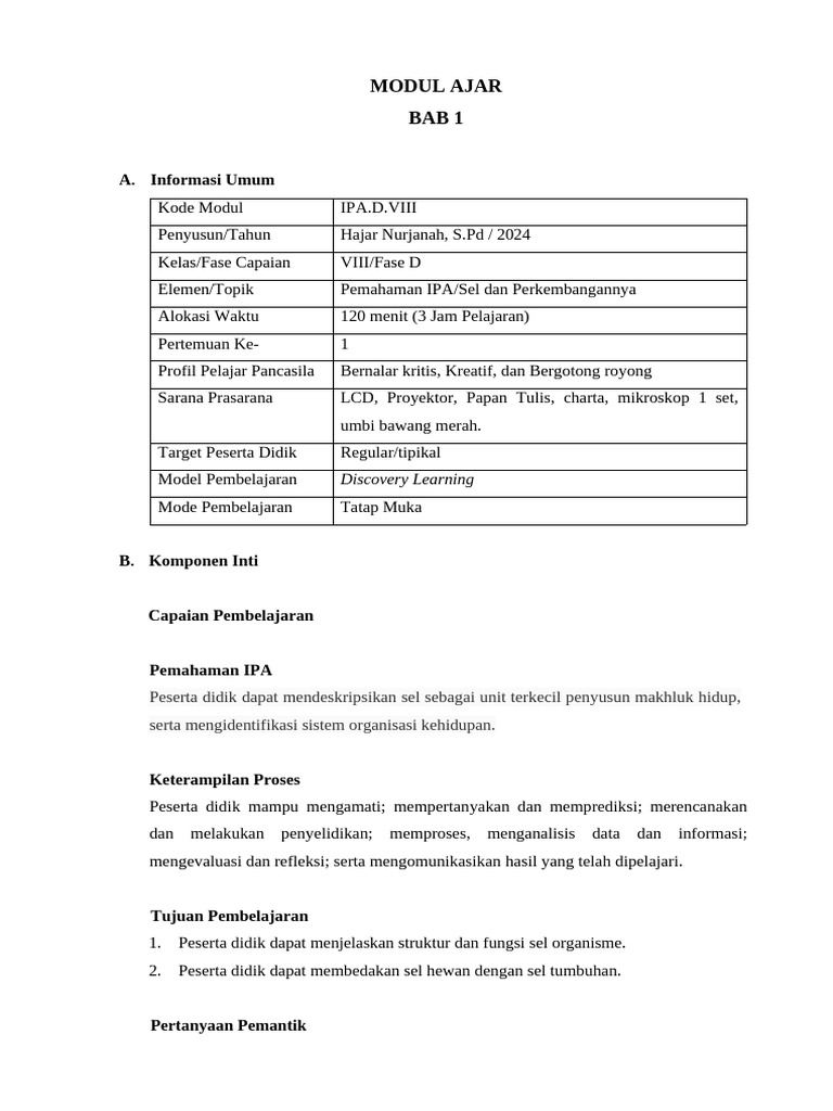 Modul Ajar Hajz Bab 1 Kelas VIII - Sel Dan Perkembangannya | PDF