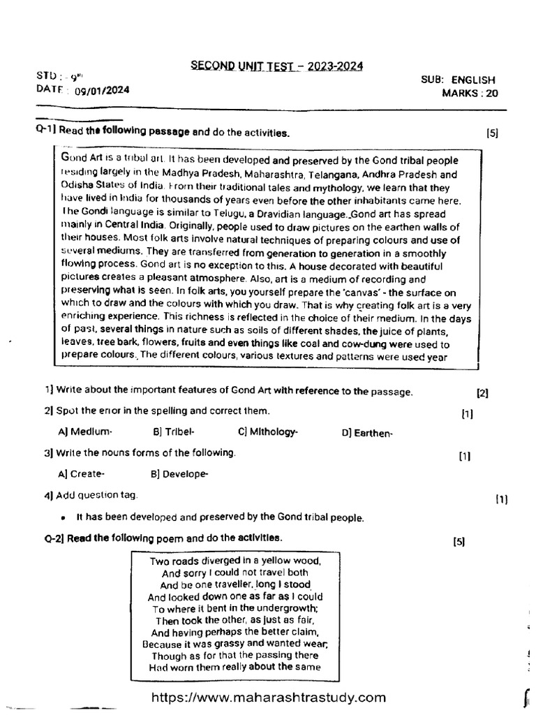 MH Board Class 9 Ut2 English 180324 Jan 2024 | PDF