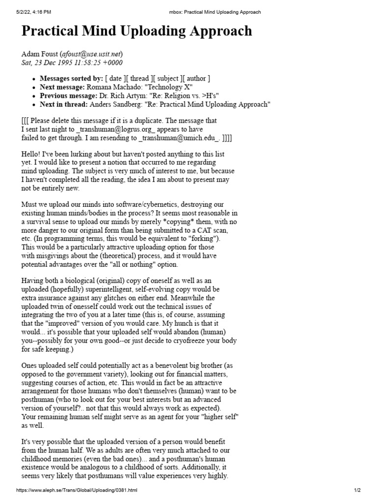 Practical Mind Uploading Approach | PDF | Philosophy